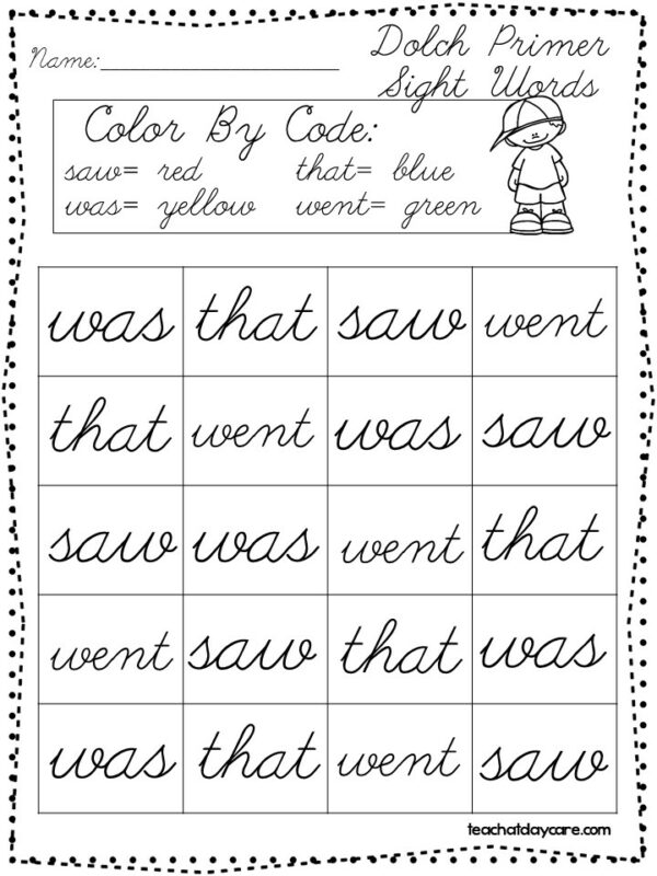 Dolch Primer Cursive Color the Word Worksheets - Made By Teachers