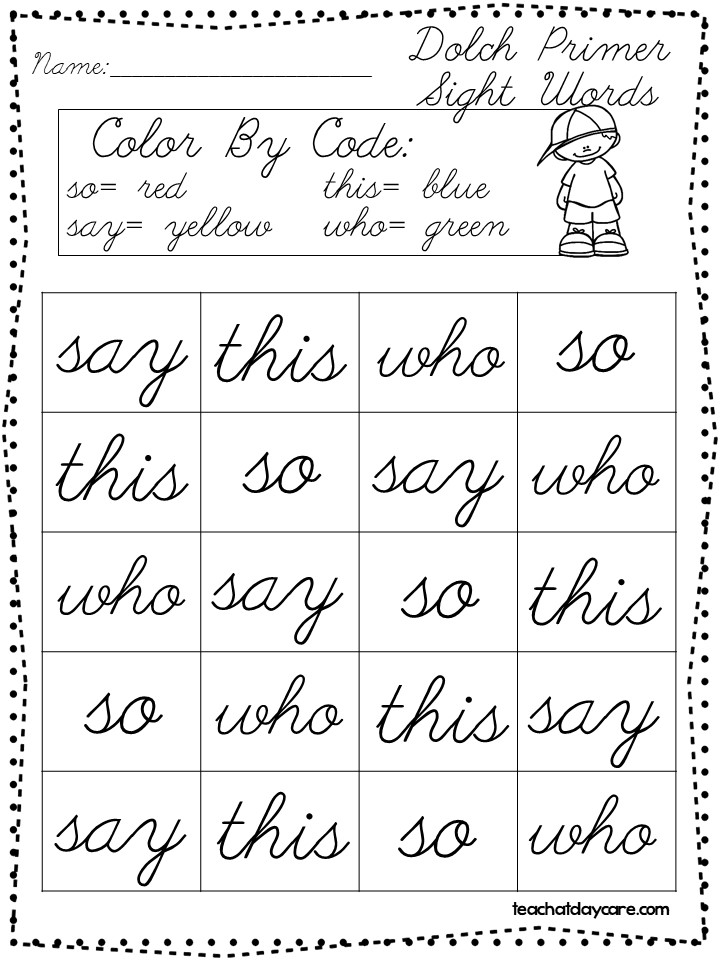 Dolch Primer Cursive Color the Word Worksheets - Made By Teachers