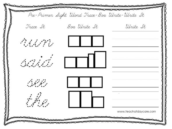 Dolch Pre Primer Cursive Box Writing Worksheets. - Made By Teachers