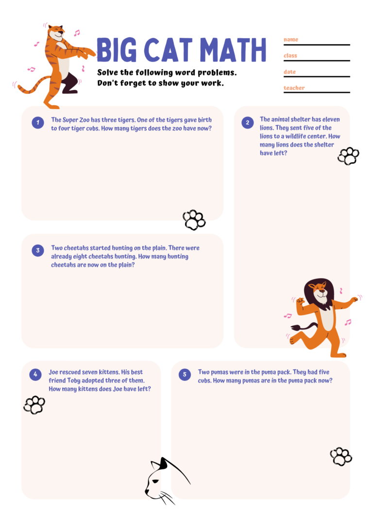 Big Cat Math Basic Addition / Subtraction Problems | Made By Teachers