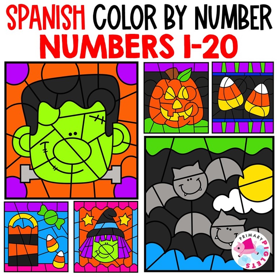 Spanish Halloween Color by Number Add & Subtract - Made By Teachers