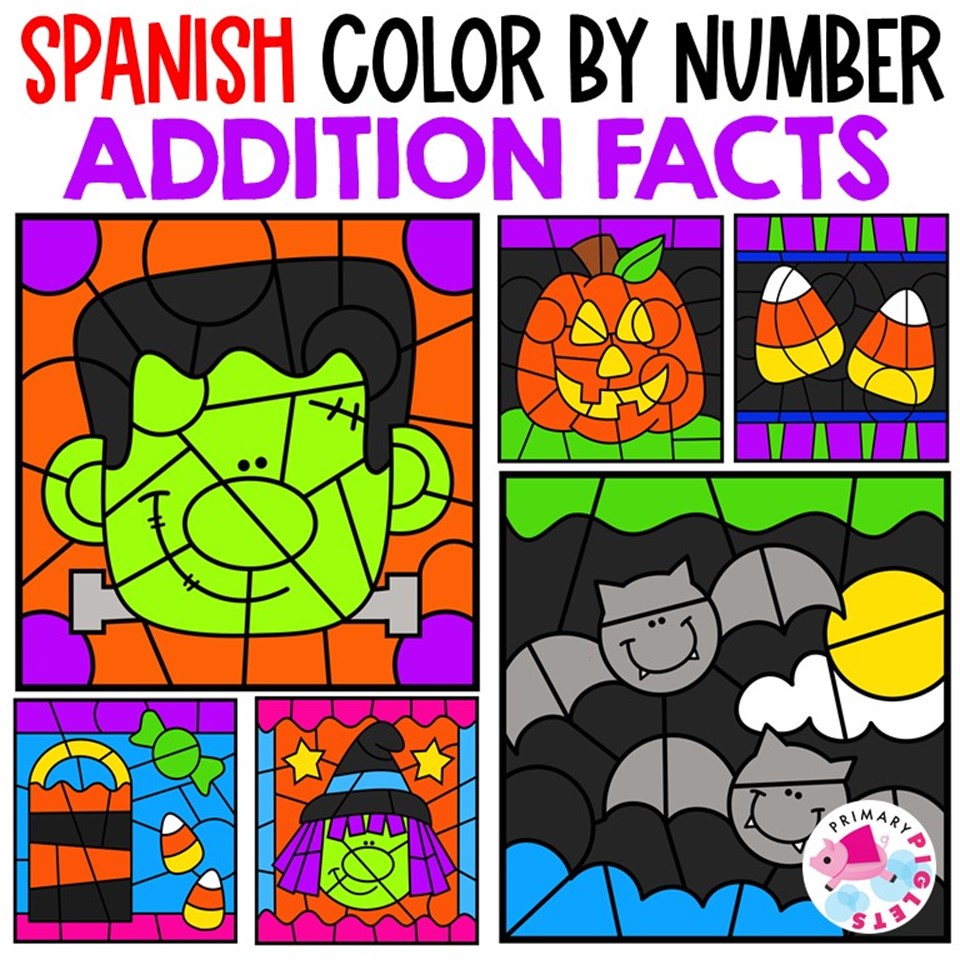 Spanish Halloween Color by Number Add & Subtract | Made By Teachers