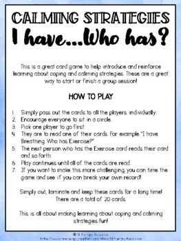 CALMING & COPING STRATEGIES - I have Who has Card - Made By Teachers