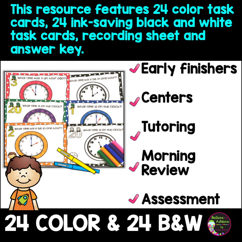 Telling Time to the Hour and Half-hour Task Cards | Made By Teachers