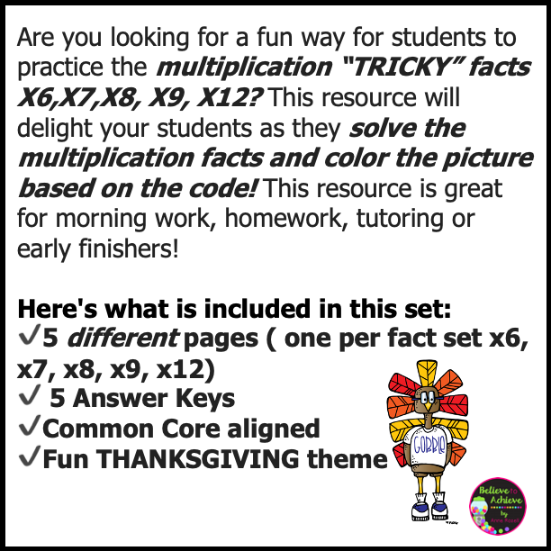 Thanksgiving Multiplication Color by Number Tricky | Made By Teachers