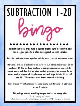 1 and 2 Digit SUBTRACTION BINGO GAME - Numbers 1-20 | Made By Teachers