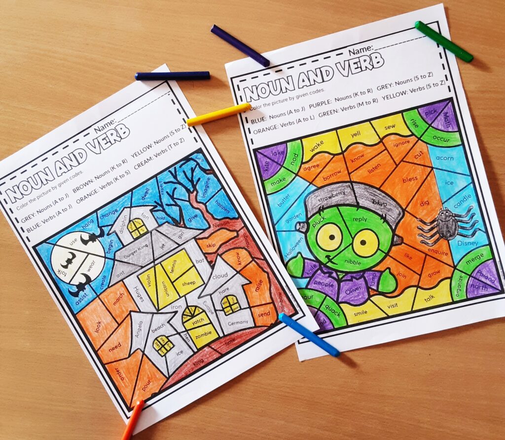Halloween Color by Word | Noun and Verbs Activity - Made By Teachers