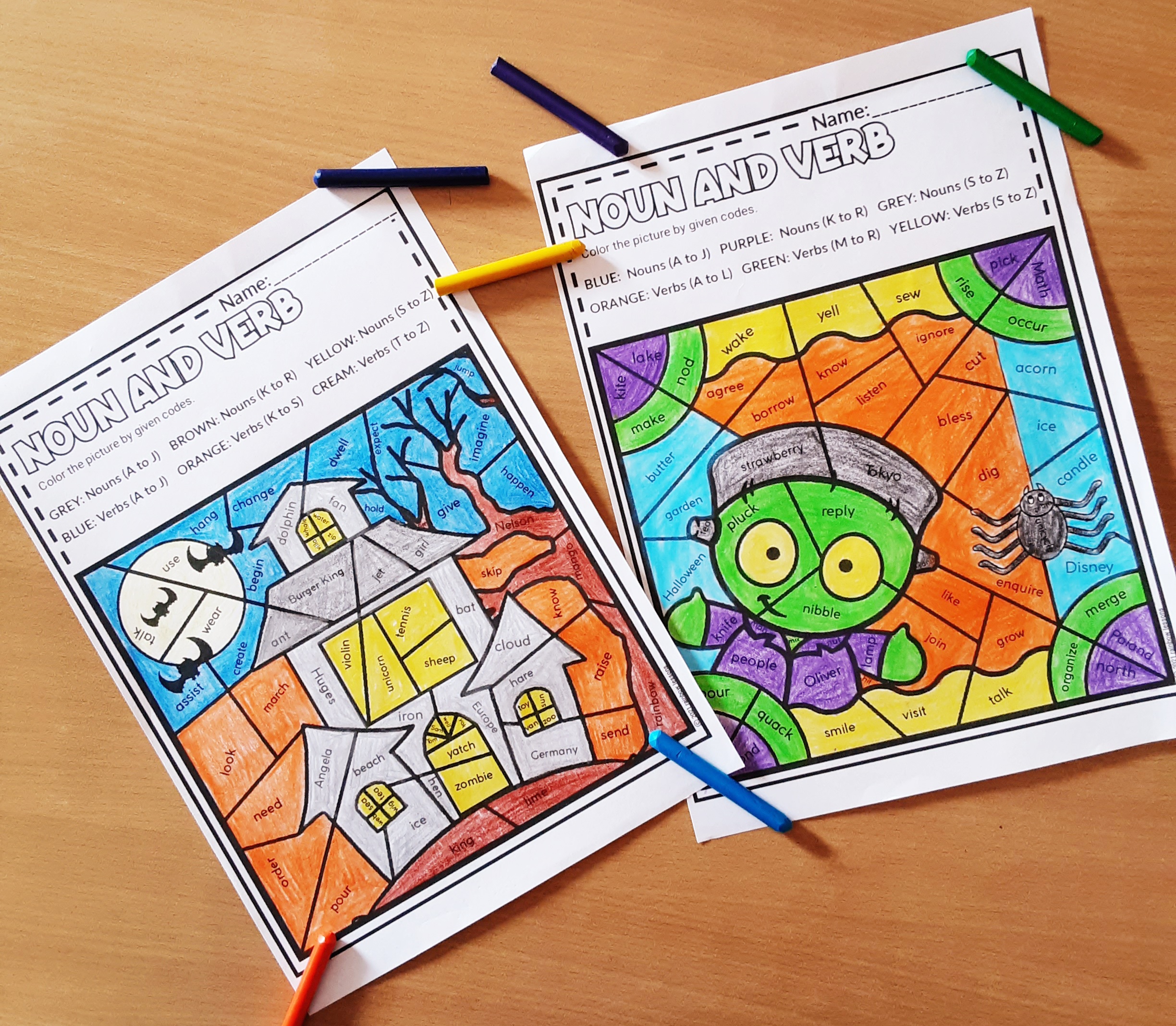 Halloween Color by Word | Noun and Verbs Activity | Made By Teachers