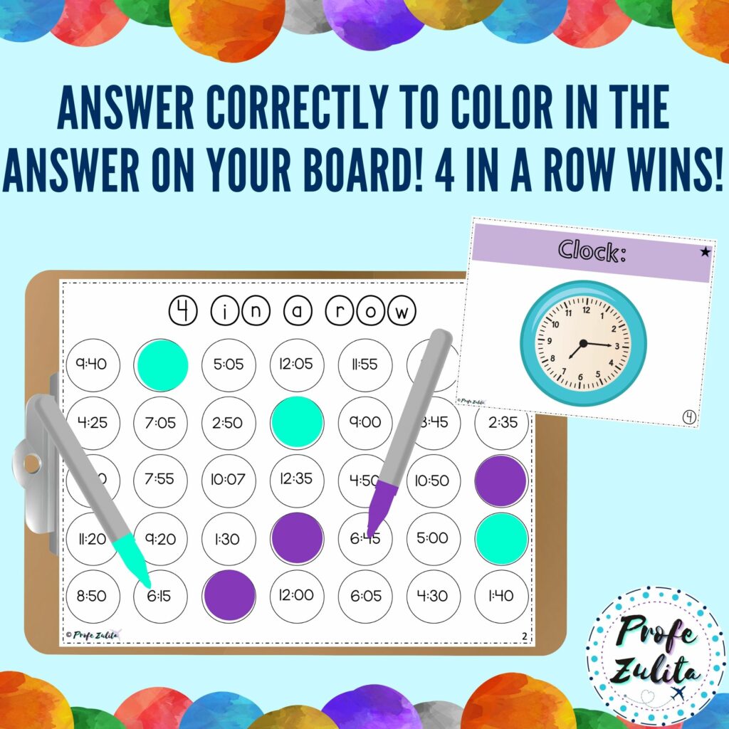4 in a row | Review game to practice time - Made By Teachers