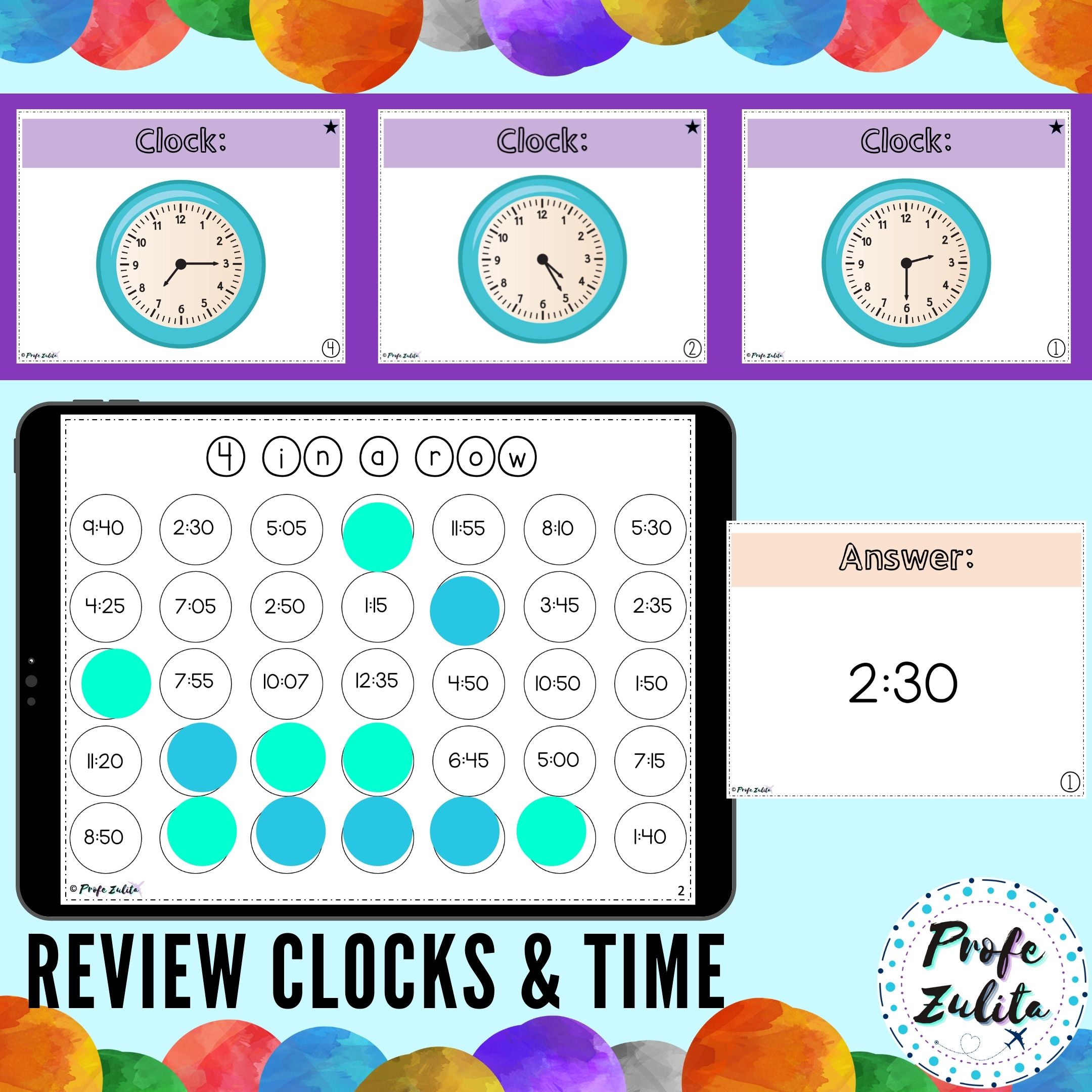 4 in a row | Review game to practice time - Made By Teachers