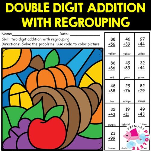 Double Digit Addition Thanksgiving Color by Number - Made By Teachers