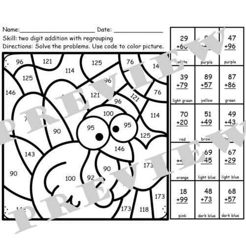 Double Digit Addition Thanksgiving Color by Number - Made By Teachers