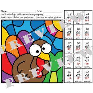 Double Digit Addition Thanksgiving Color by Number - Made By Teachers