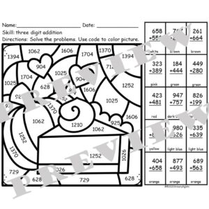 3 Digit Addition Thanksgiving Color by Number - Made By Teachers