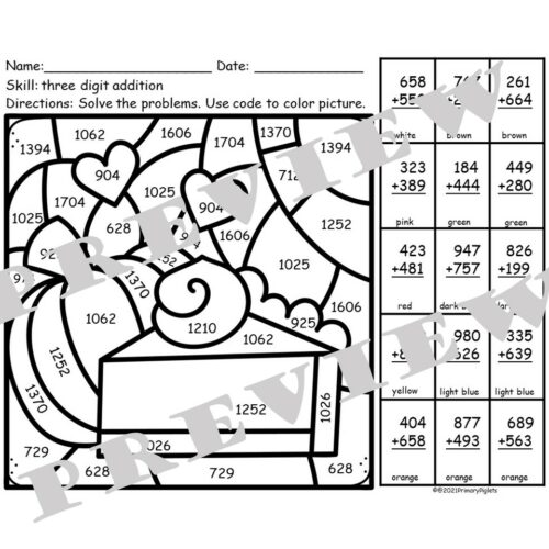 3 Digit Addition Thanksgiving Color by Number - Made By Teachers