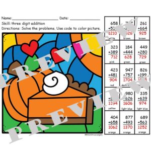 3 Digit Addition Thanksgiving Color by Number - Made By Teachers