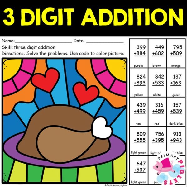 3 Digit Addition Thanksgiving Color by Number - Made By Teachers
