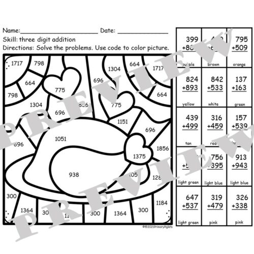 3 Digit Addition Thanksgiving Color by Number - Made By Teachers