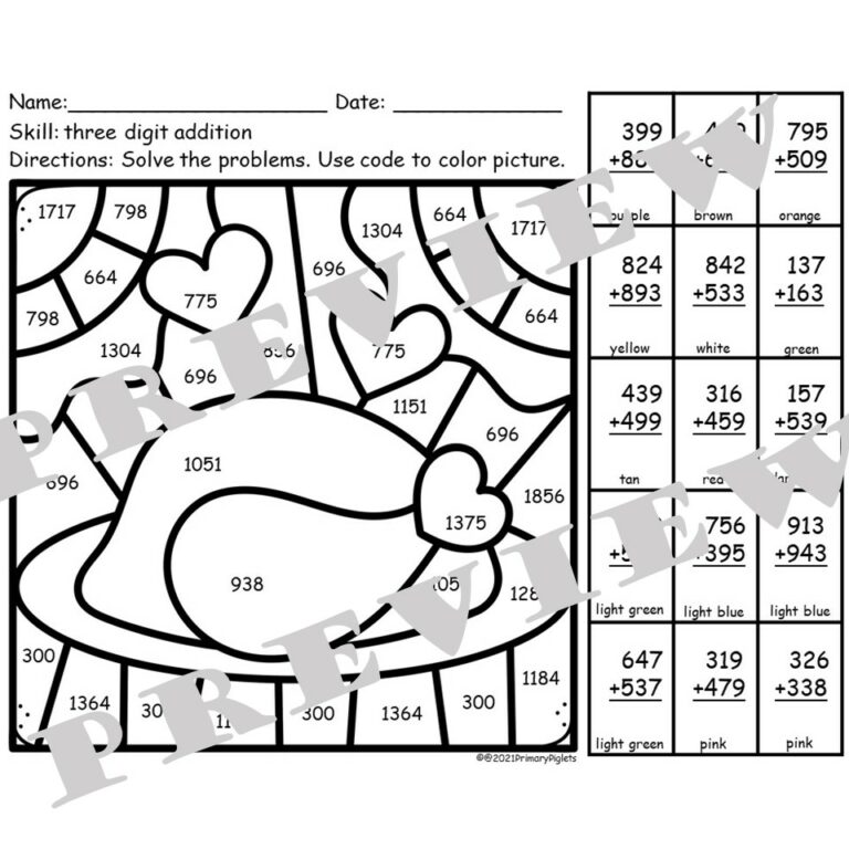 3 Digit Addition Thanksgiving Color by Number - Made By Teachers