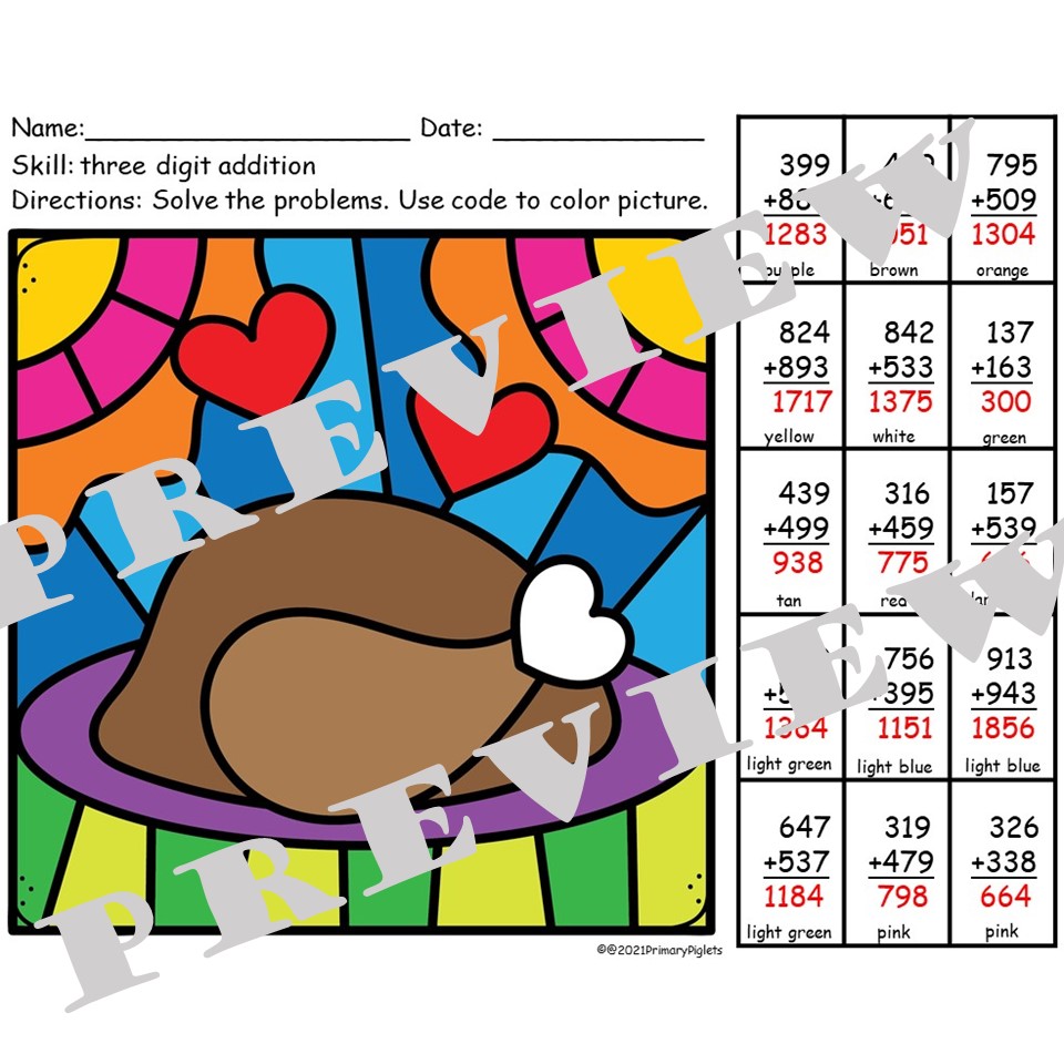 3 Digit Addition Thanksgiving Color by Number - Made By Teachers