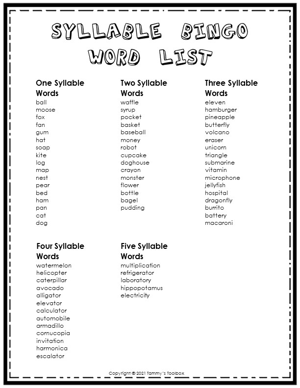 Counting Syllables Bingo Game - Made By Teachers