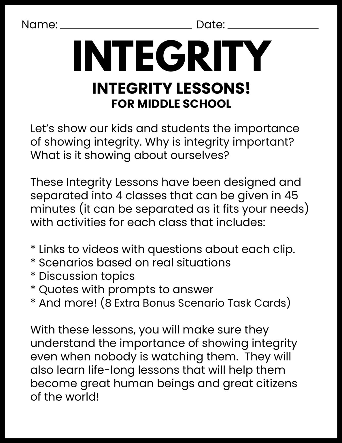 Integrity and Honesty - Middle School: Activities | Made By Teachers