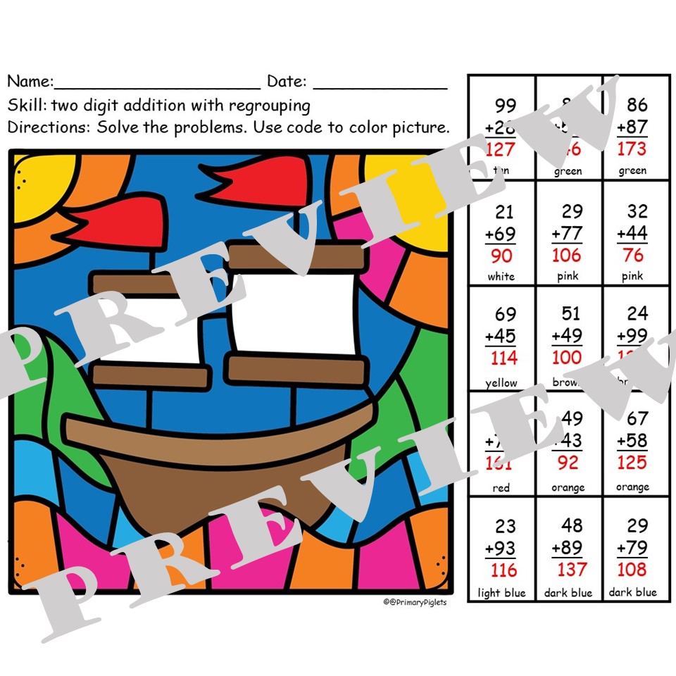Double Digit Addition Thanksgiving Color by Number - Made By Teachers