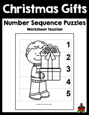5 Christmas Gifts Number Sequence B&W Puzzles - Made By Teachers