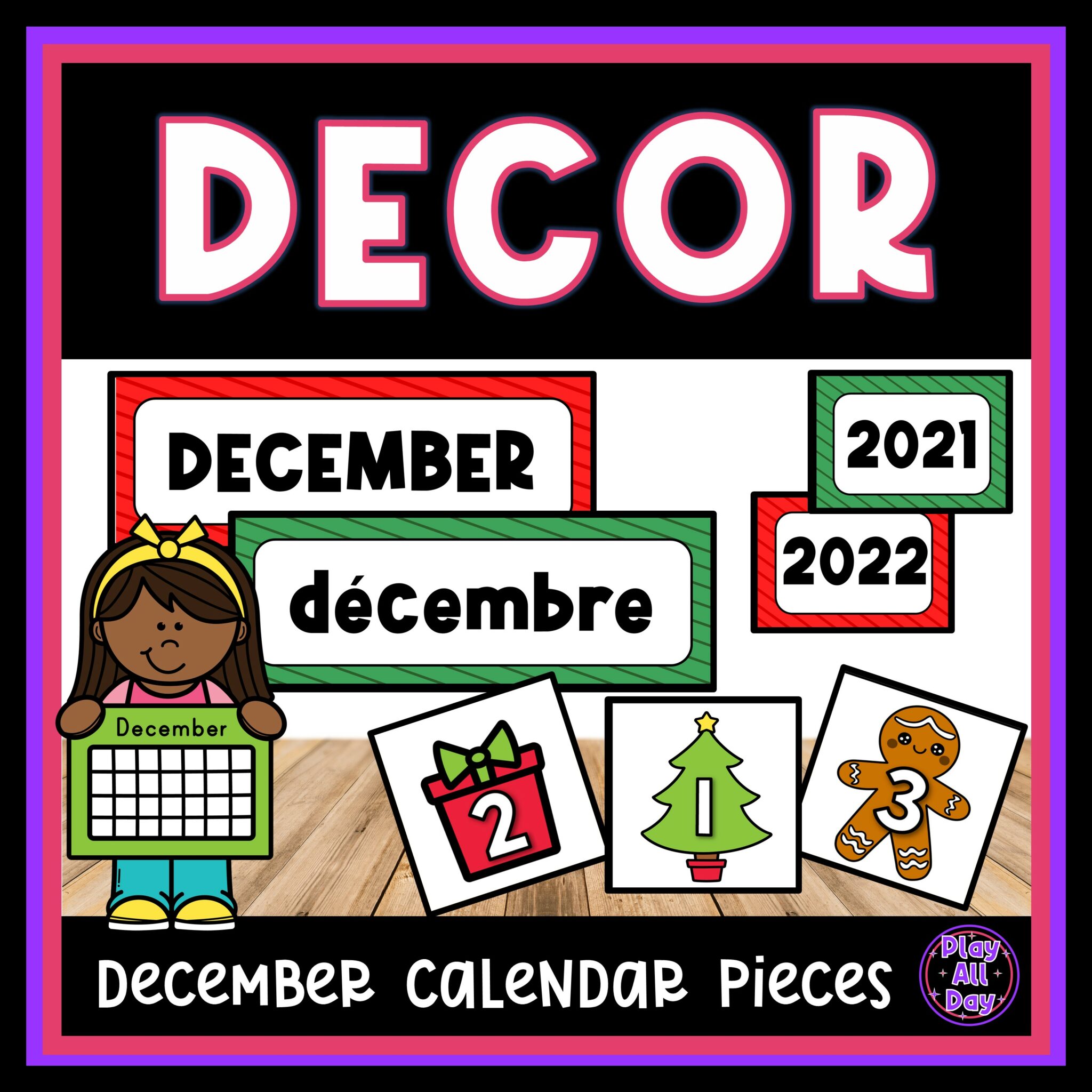 December Calendar Pieces and Numbers (ENG & FR) | Made By Teachers