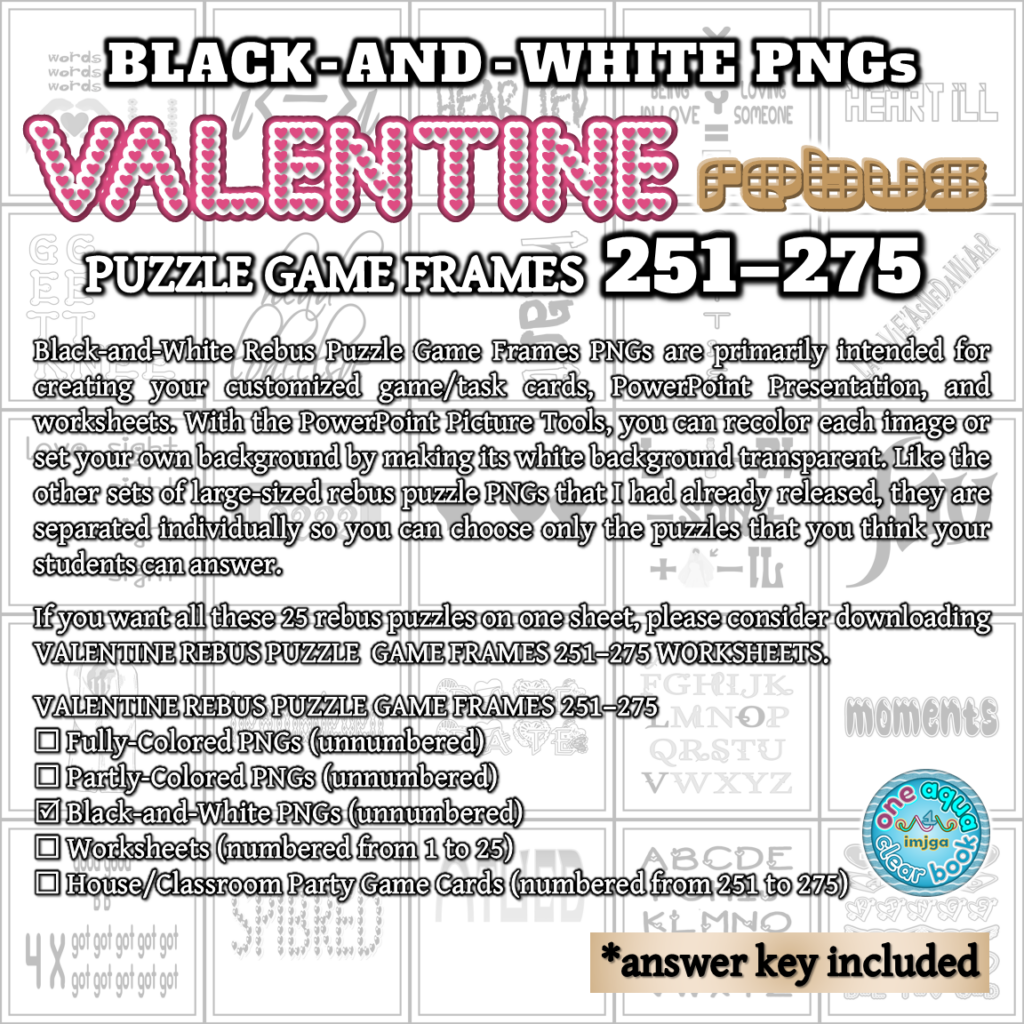 Black-and-White Rebus Puzzle Game Frames 101–125 PNGs | Made By Teachers