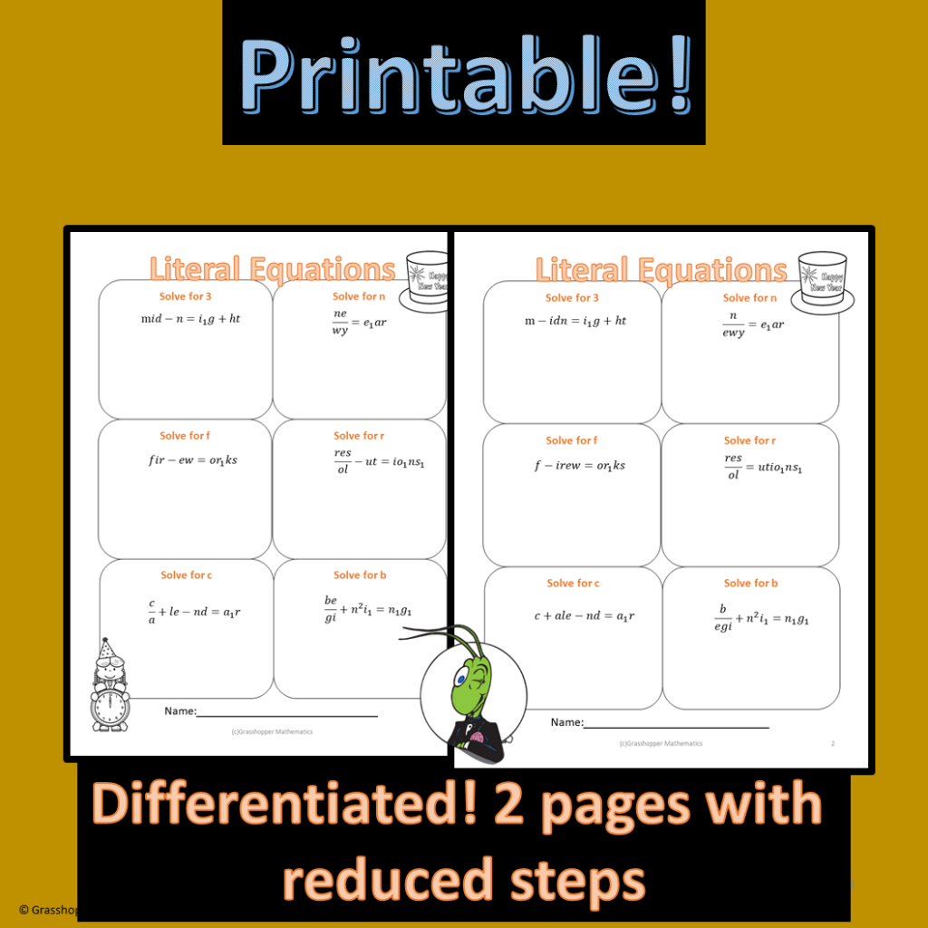 New Years Day Literal Equations | Made By Teachers