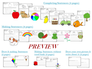 Guided Completing Sentences(Pictures and Word Bank - Made By Teachers