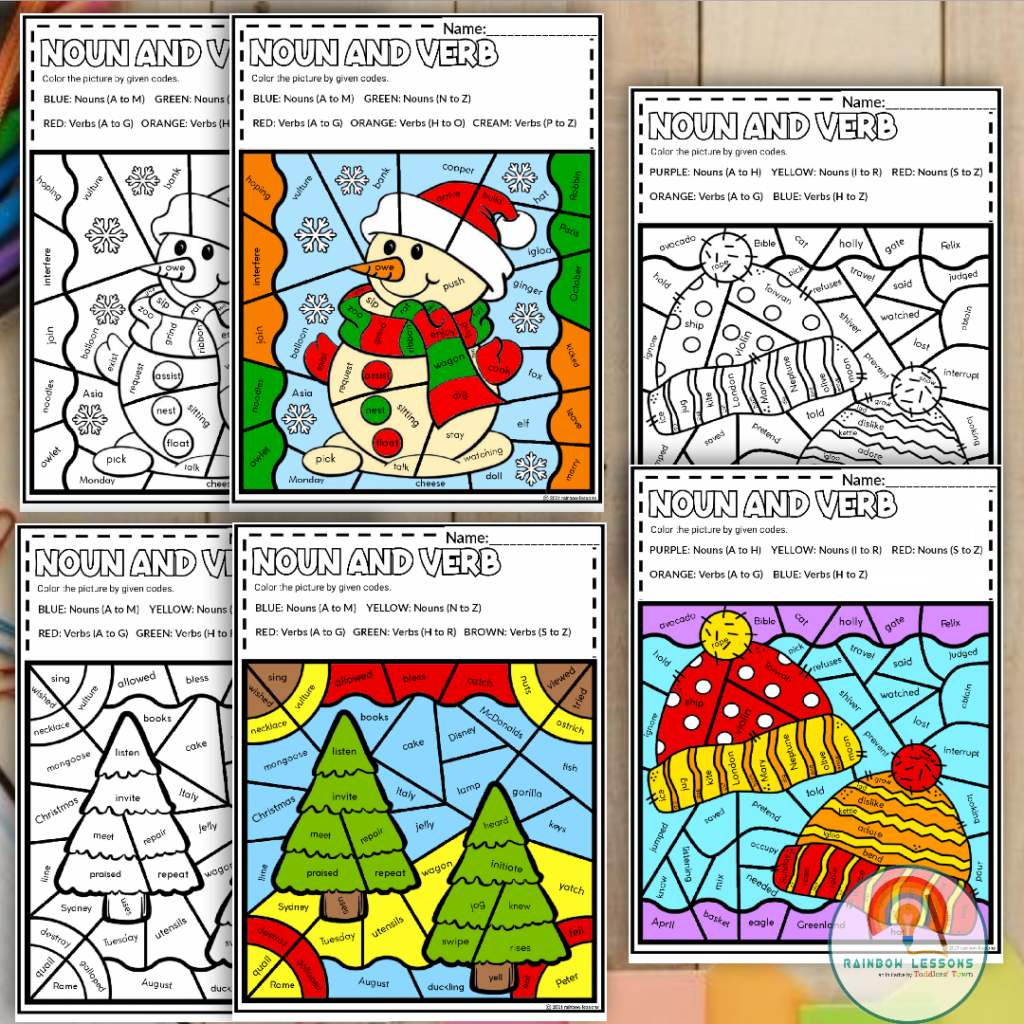 Winter Nouns and Verbs Sort | Winter Color By Code - Made By Teachers