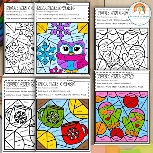 Winter Nouns and Verbs Sort | Winter Color By Code - Made By Teachers