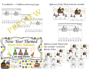 New Year Party Hat Addition Sentences-CutPaste | Made By Teachers