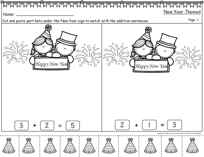 New Year Party Hat Addition Sentences-CutPaste | Made By Teachers