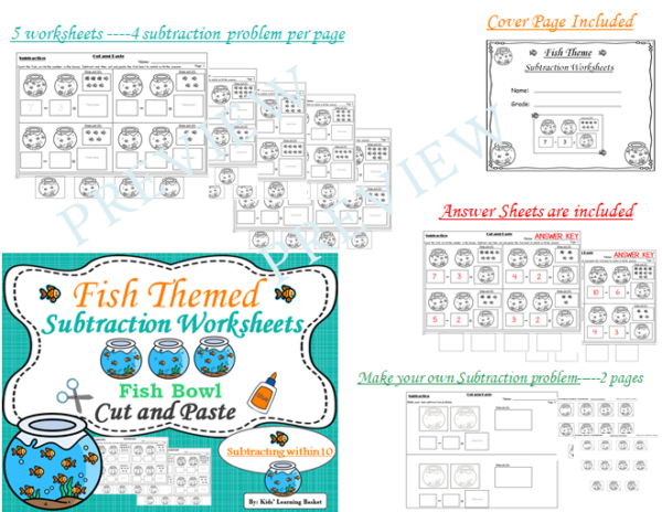 Fish Themed Subtraction Worksheets--Cut and Paste | Made By Teachers