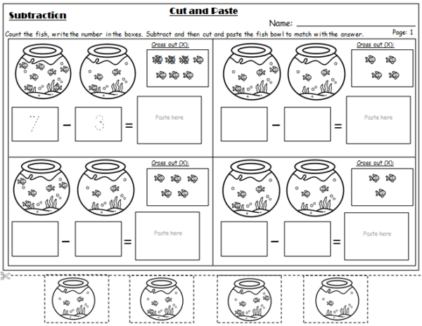 Fish Themed Subtraction Worksheets--Cut and Paste | Made By Teachers
