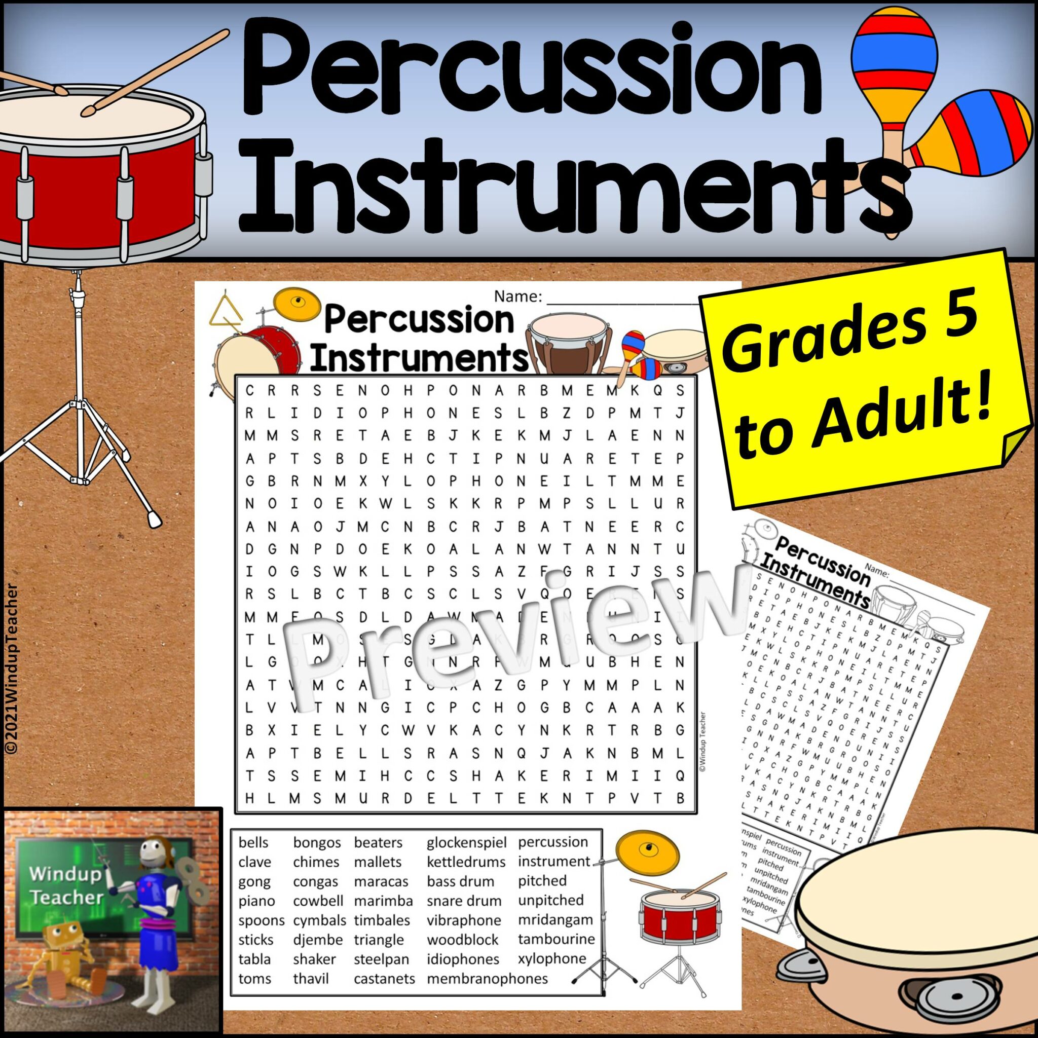 Percussion Instruments Word Search HARD | Made By Teachers