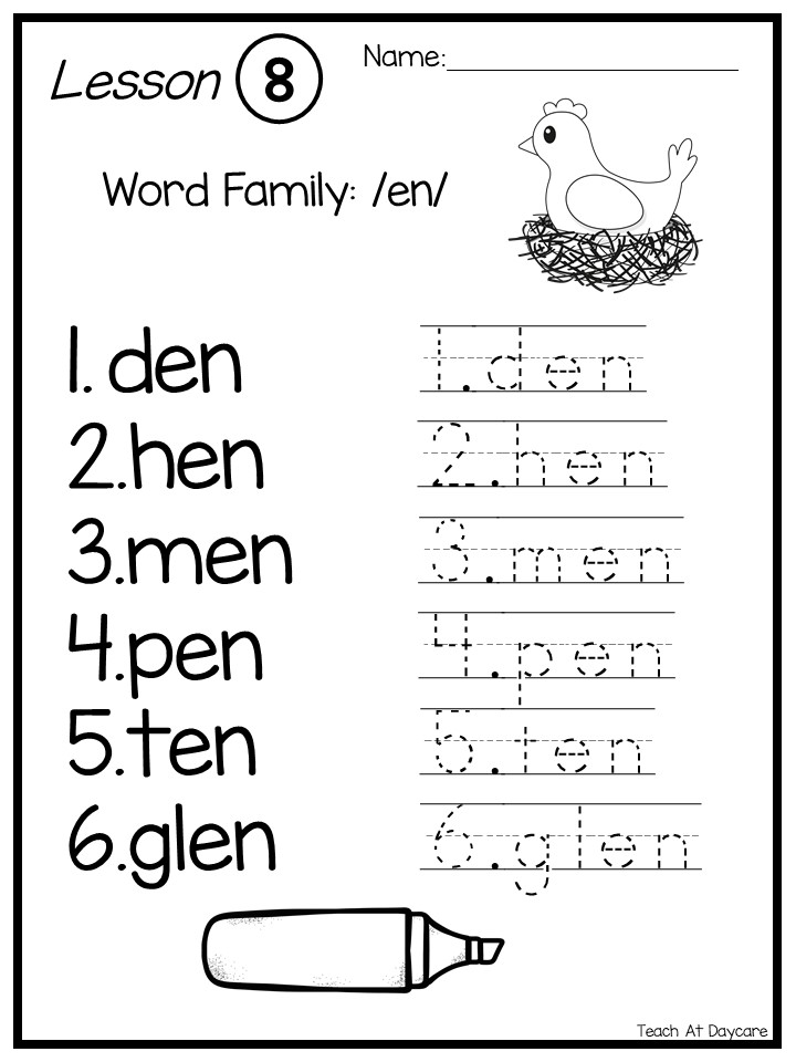 Word Families List For Kindergarten