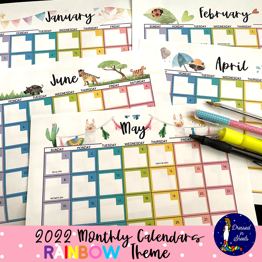 2022 Monthly Calendars Rainbow Theme | Made By Teachers