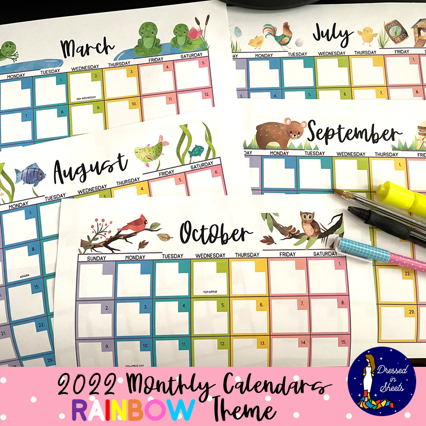 2022 Monthly Calendars Rainbow Theme | Made By Teachers