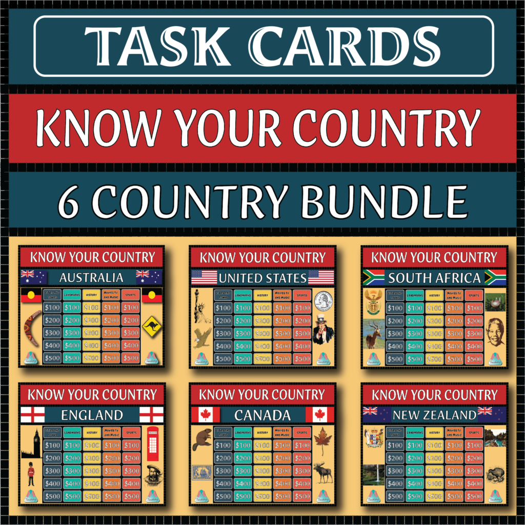 Country Quiz Task Cards - 6 Country Bundle | Made By Teachers