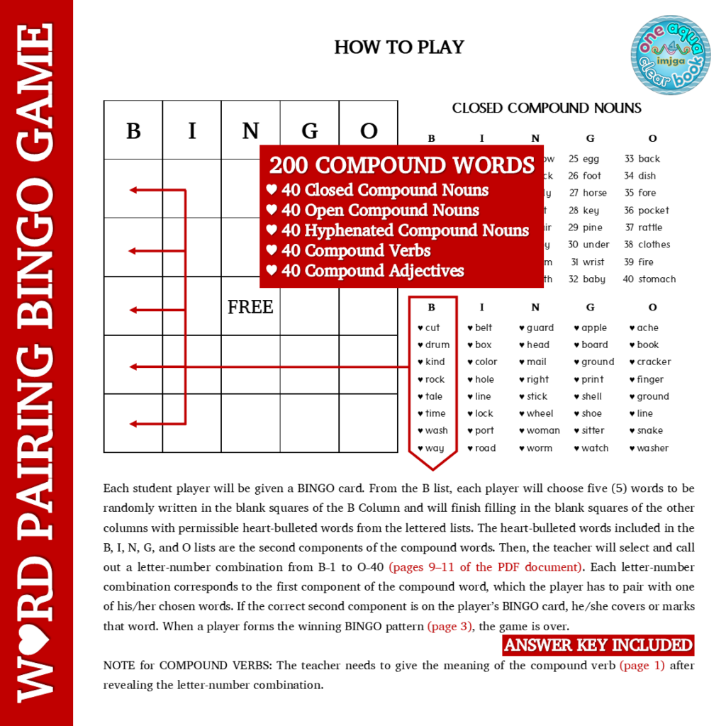 Word Pairing Bingo Game ♥ 200 Compound Words - Made By Teachers