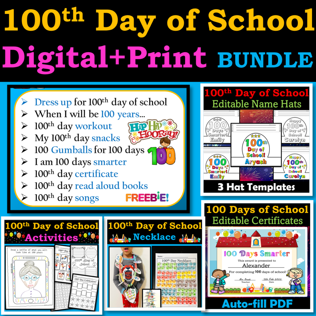 100th Day of School Bundle -Activities,Certificate - Made By Teachers