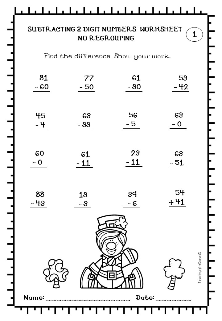 Subtracting 2 Digit Numbers Worksheets St.Patricks | Made By Teachers