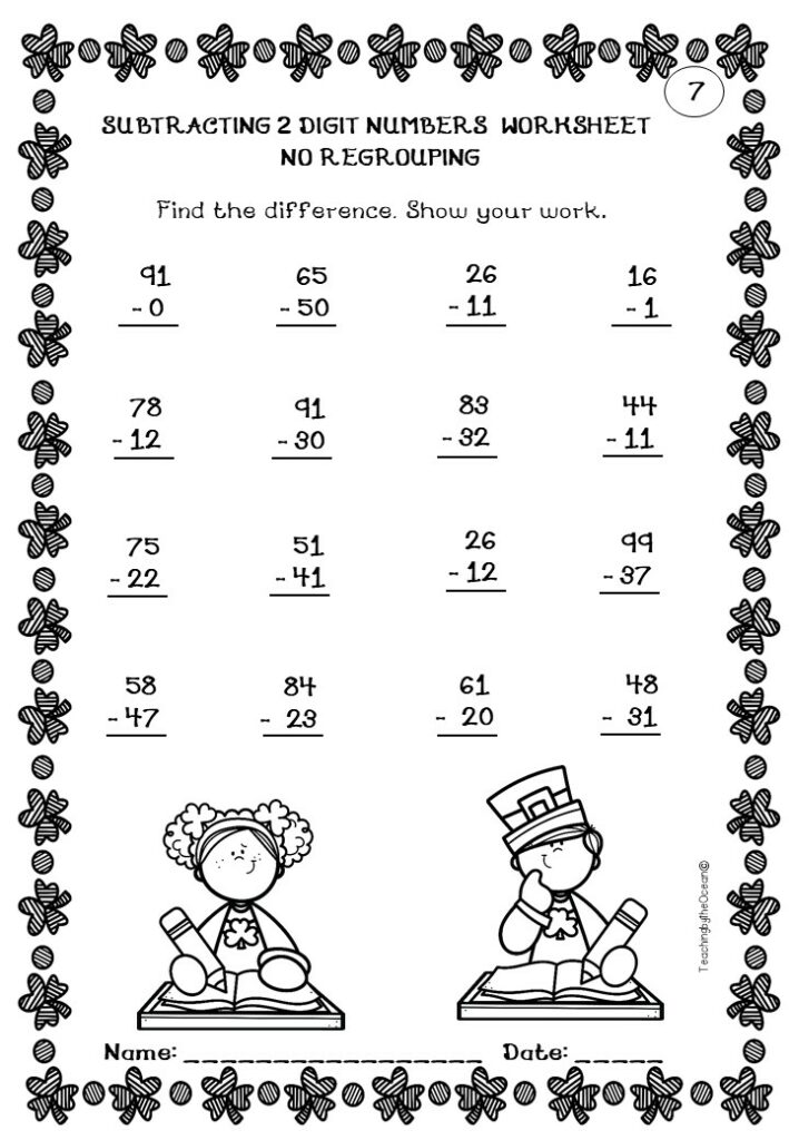 Subtracting 2 Digit Numbers Worksheets St.Patricks - Made By Teachers