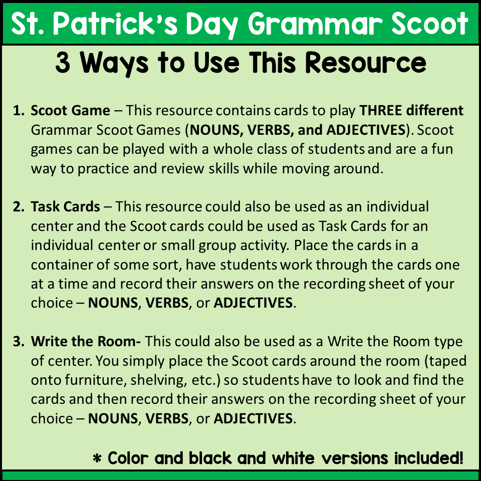 St. Patrick's Day Grammar Scoot Center Task Cards | Made By Teachers