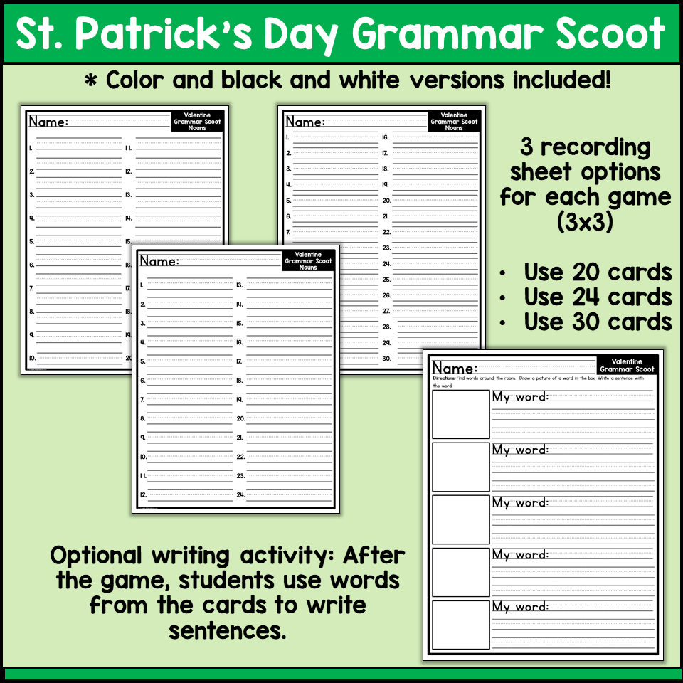 St. Patrick's Day Grammar Scoot Center Task Cards - Made By Teachers