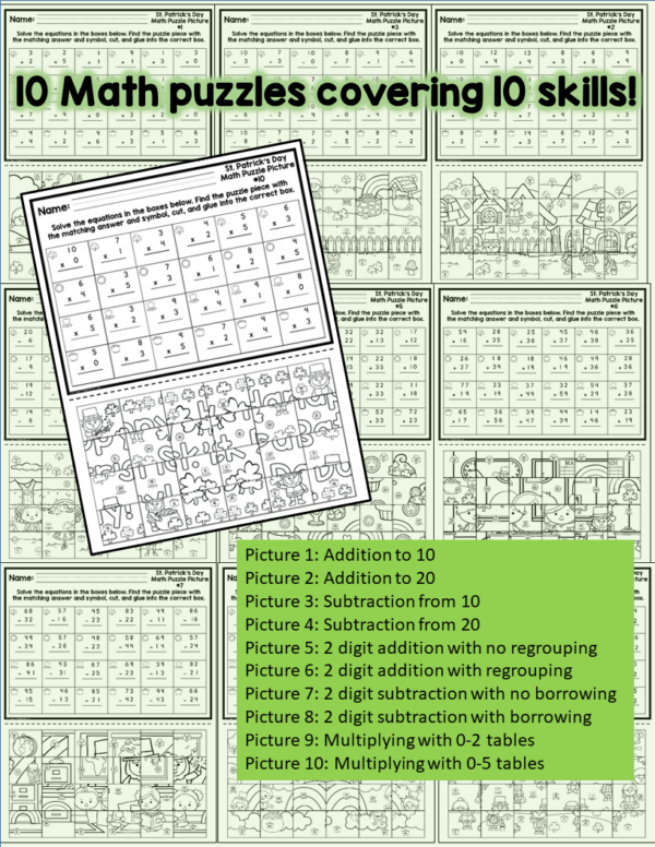St. Patrick's Day Math Puzzle Pictures - Made By Teachers